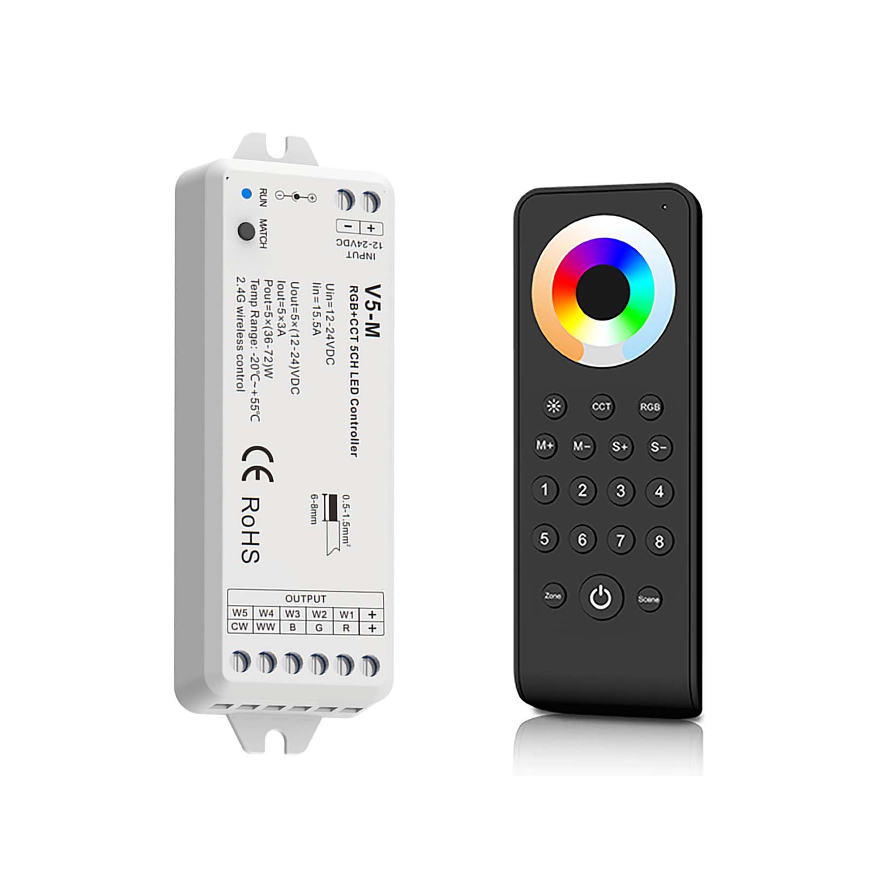 LED 12-24V DC RGB+CCT Controller V5-M + 8 Zone Remote Control RS10