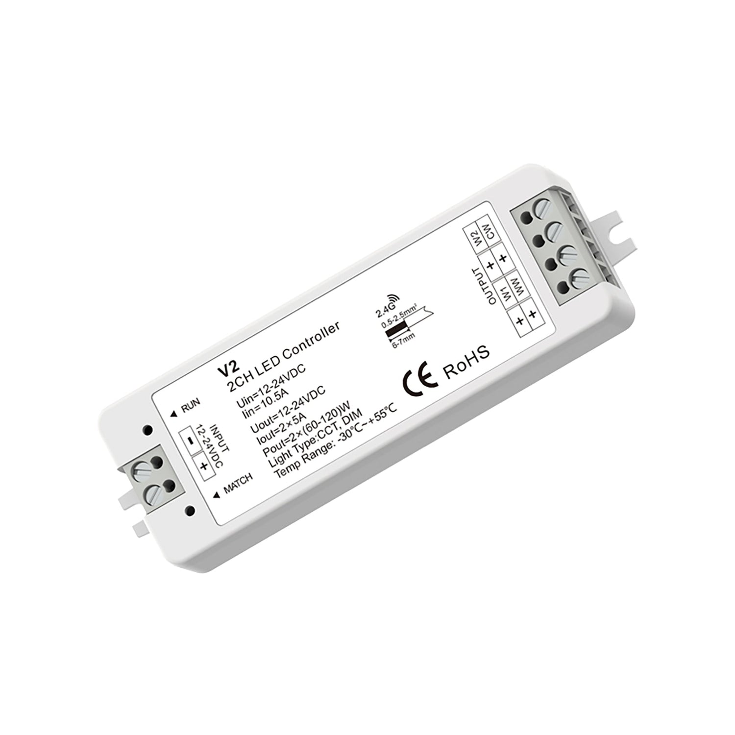 LED 12-24V DC Dimming/CCT Controller 2CH*5A 2.4GHz RF V2