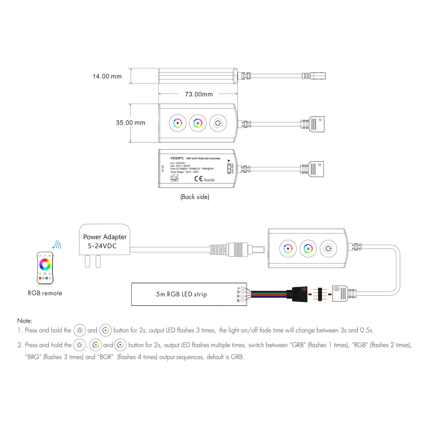 LED 5-24V DC RGB Wifi Controller Tuya APP 3CH*1.5A 2.4GHz RF VD3(WT)