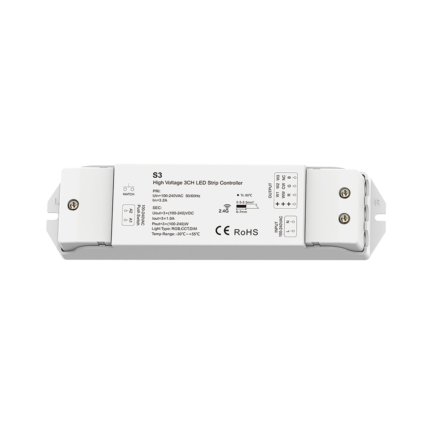 LED 100-240V AC Dimming/CCT/RGB Controller 3CH*1A 2.4GHz RF S3