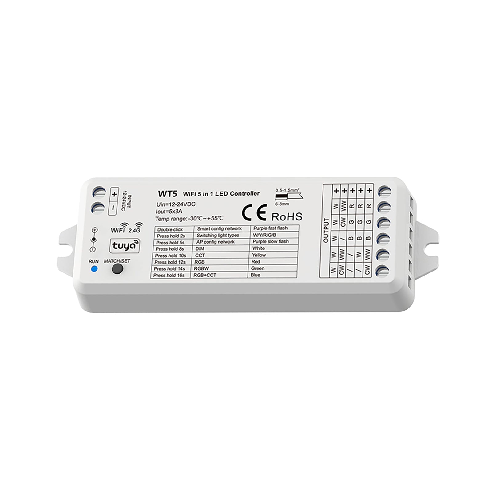 LED 12-24V DC 5 In 1 Wifi Controller Tuya APP 5CH*3A 2.4GHz RF WT5