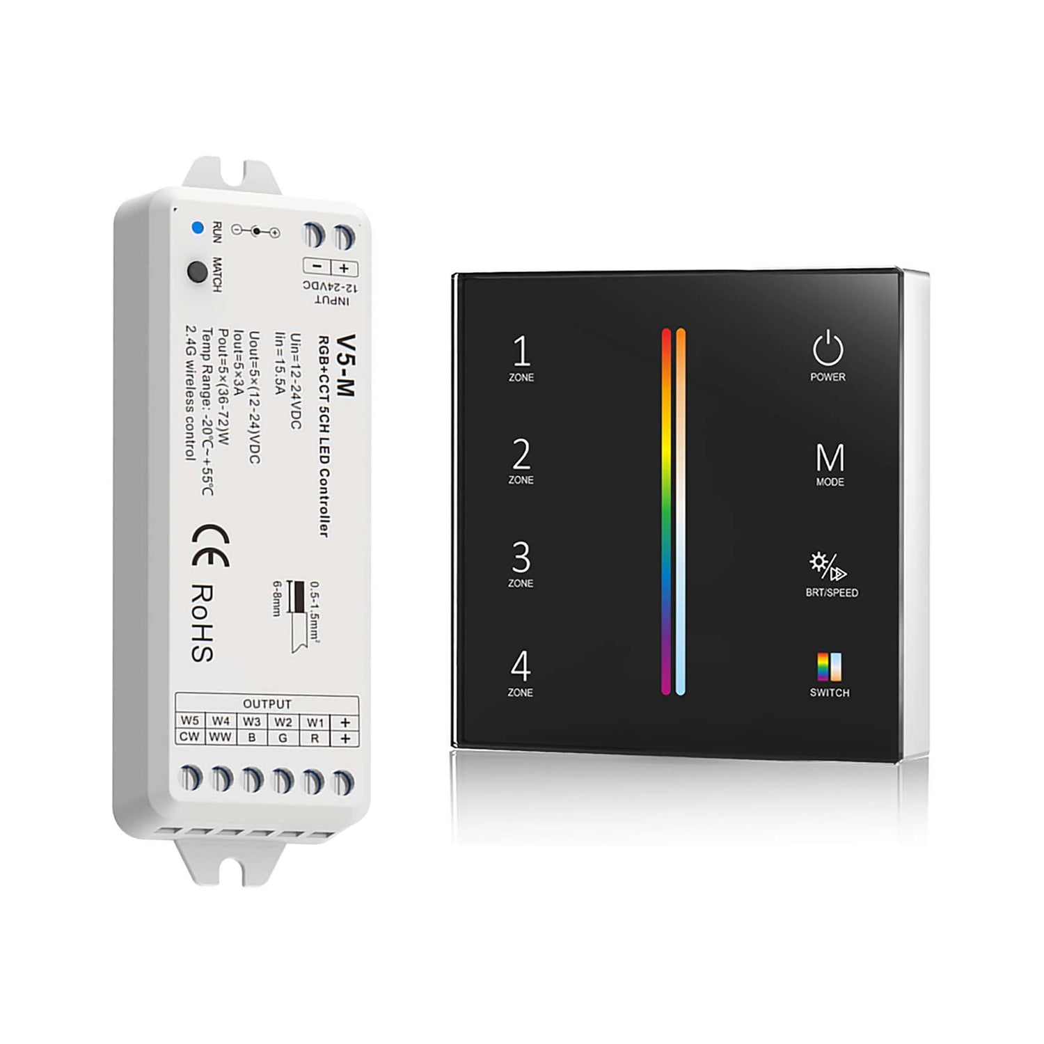 LED 12-24V DC RGB+CCT Controller V5-M + 4 Zone Panel Remote Control 2*