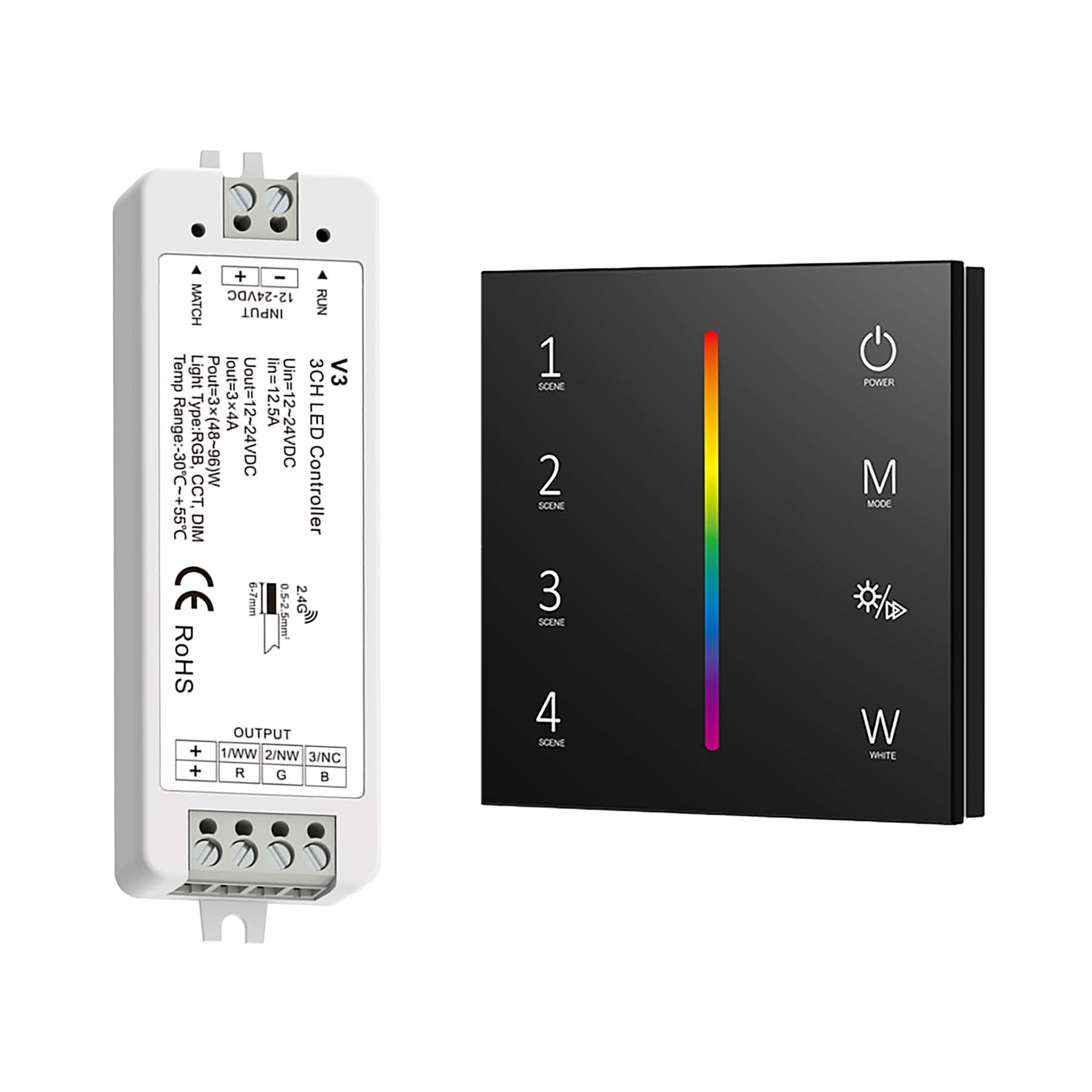 LED 12-24V DC Dimming/CCT/RGB Controller V3 + 4 Zone Panel Remote Cont