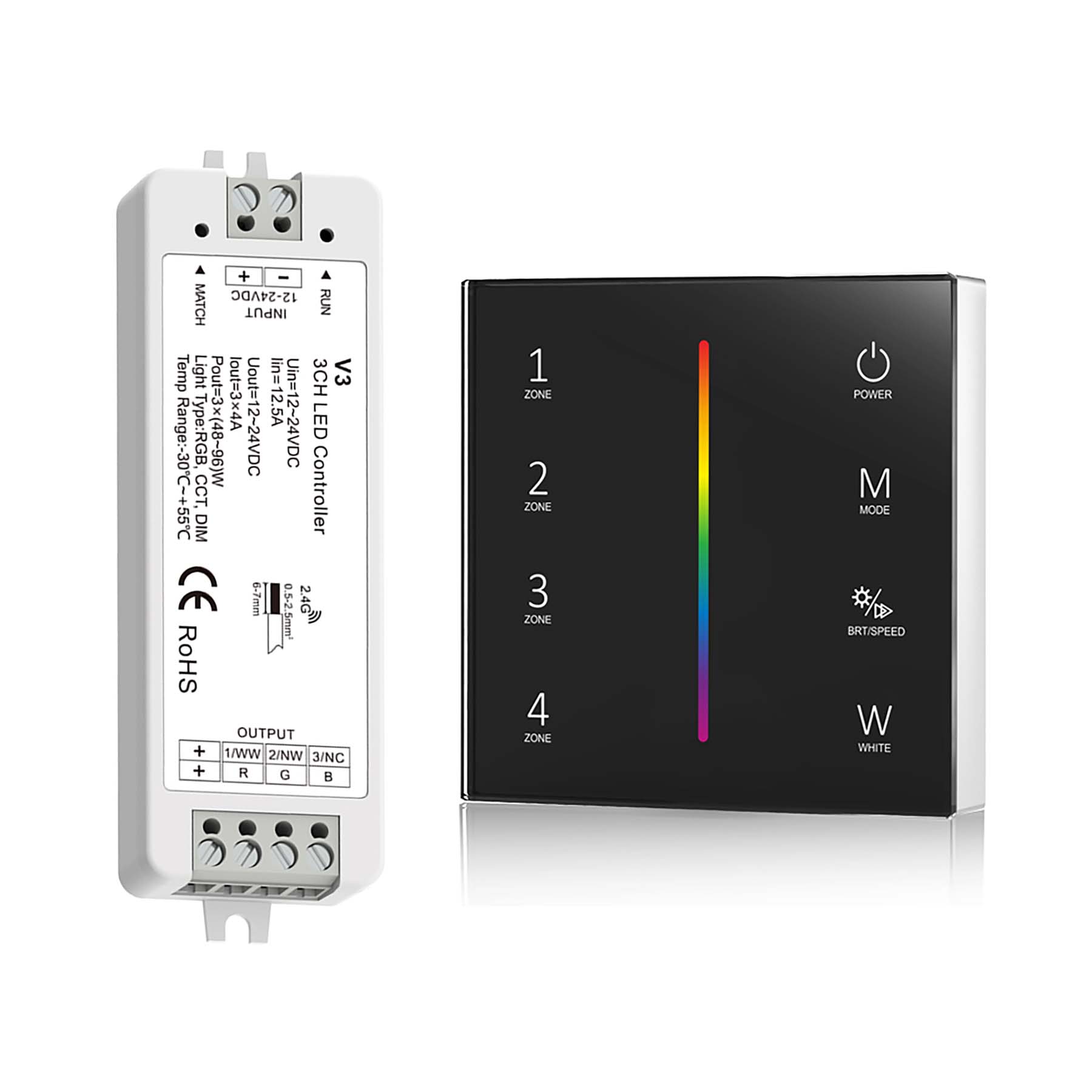 LED 12-24V DC Dimming/CCT/RGB Controller V3 + 4 Zone Panel Remote Cont