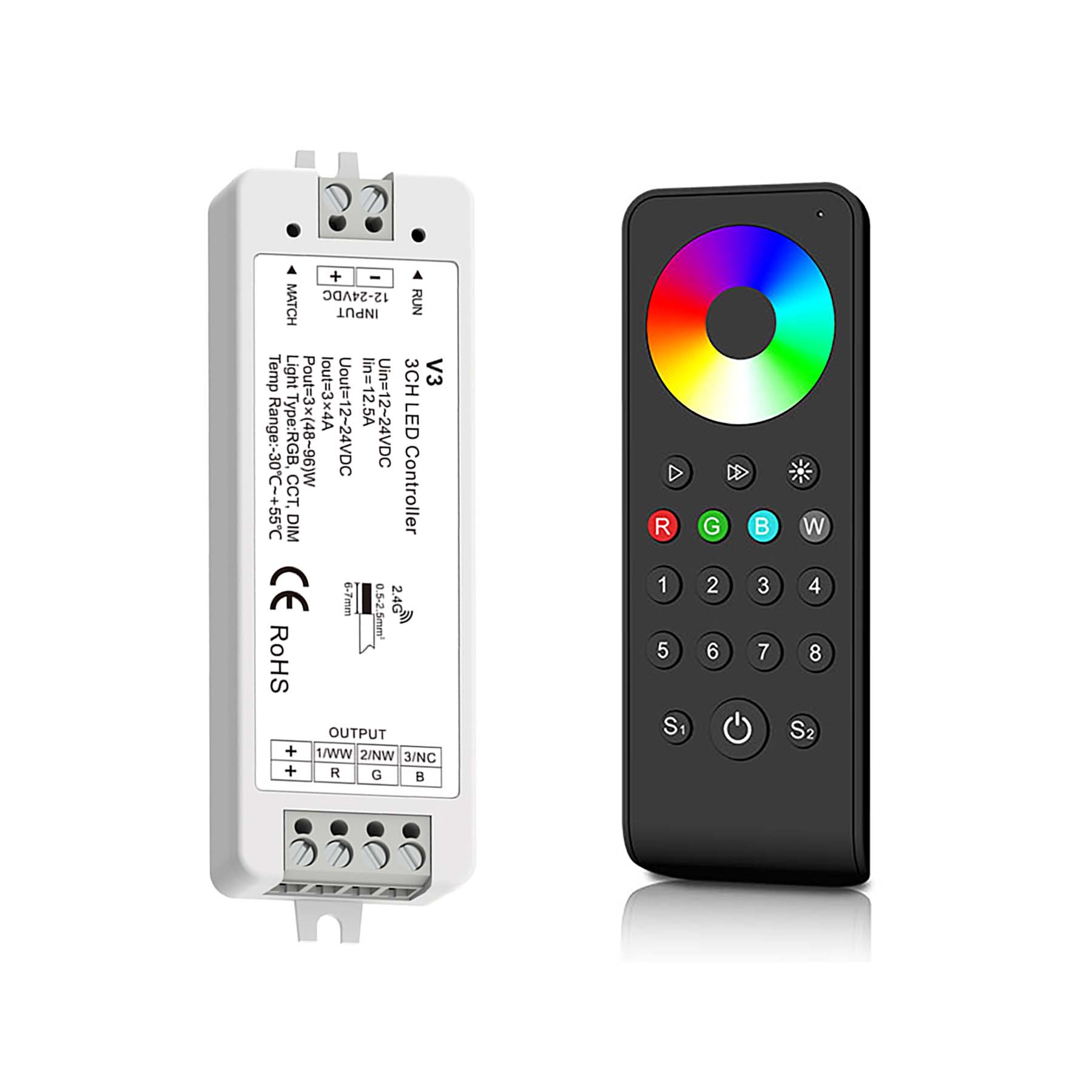 LED 12-24V DC Dimming/CCT/RGB Controller V3 + 8 Zone Remote Control RS