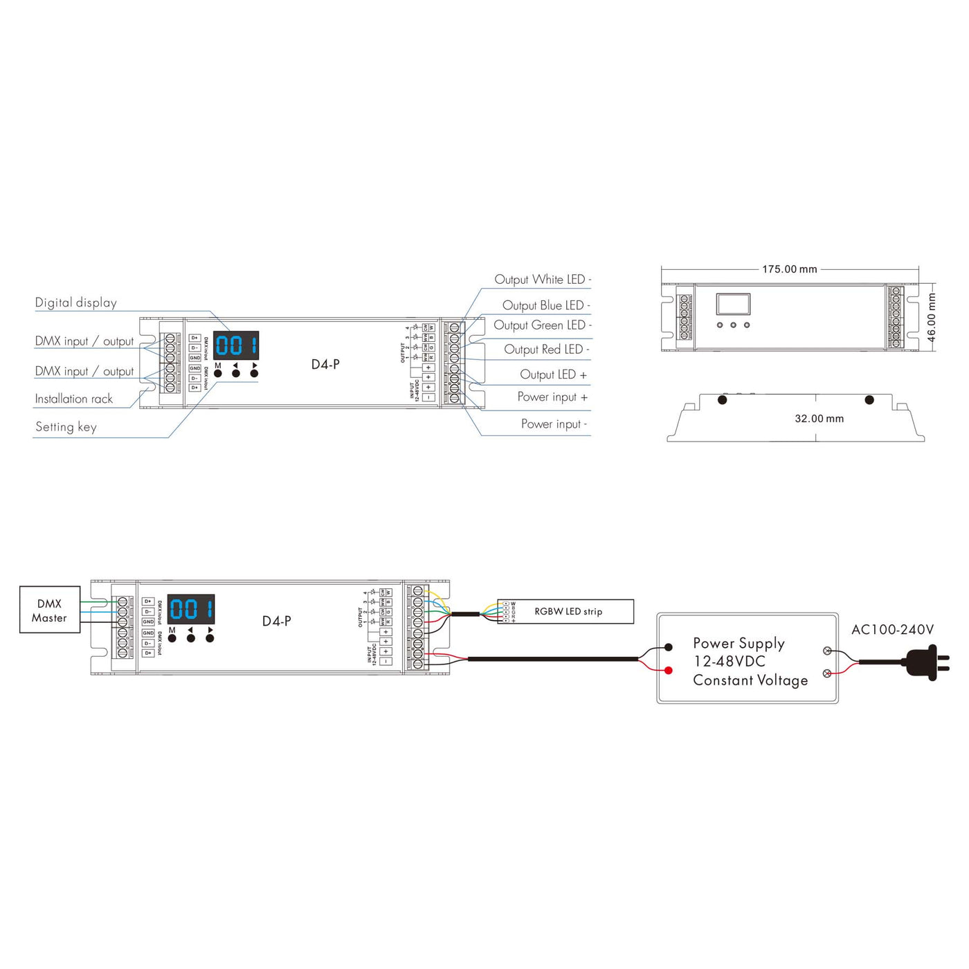 LED 12-48V DC DMX Decoder 4CH*8A D4-P