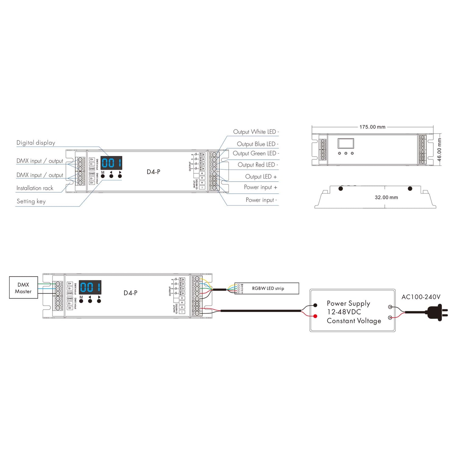 LED 12-48V DC DMX Decoder 4CH*8A D4-P