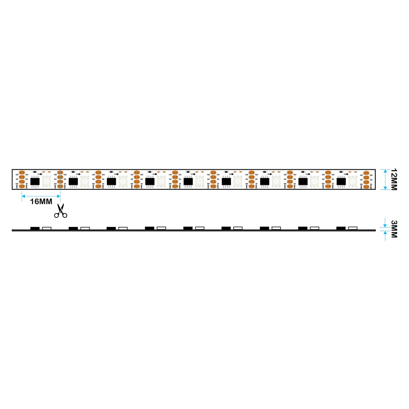WS2815 SPI 5050 RGB LED Strip Light 12V – 5M Digital Addressable, 60px