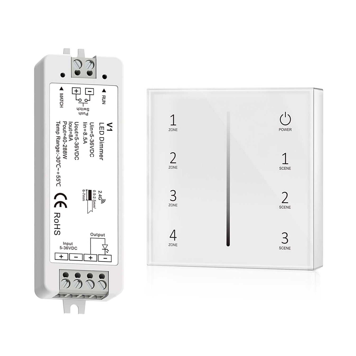 LED 5-36V DC Dimming Controller V1 + 4 Zone Panel Remote Control 2*AAA