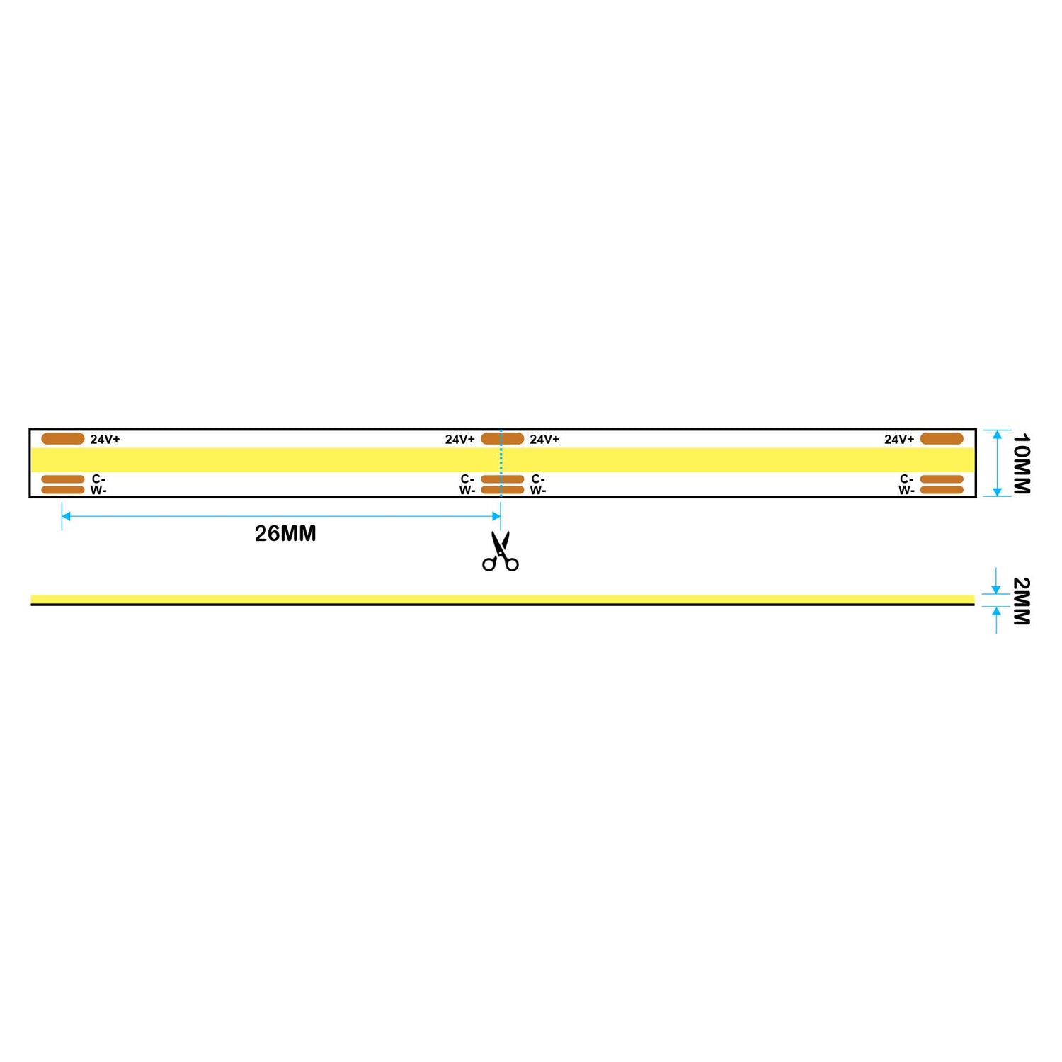 LED COB Strip Light, Seamless, 5M Reel, IP20, 24V, 10mm Wide, CCT
