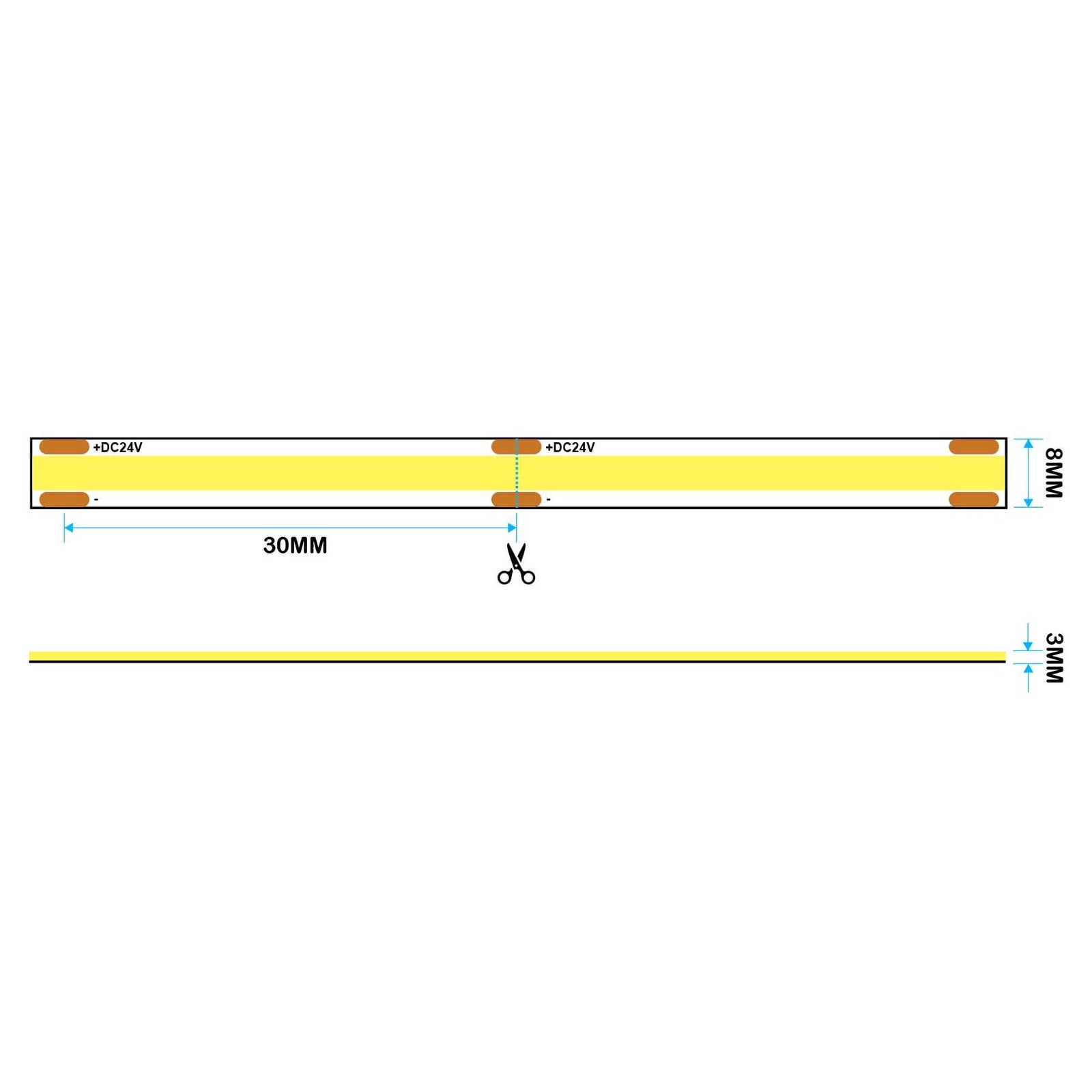 LED COB Strip Light, Seamless, 5M Reel, IP20, 24V, 8mm Wide