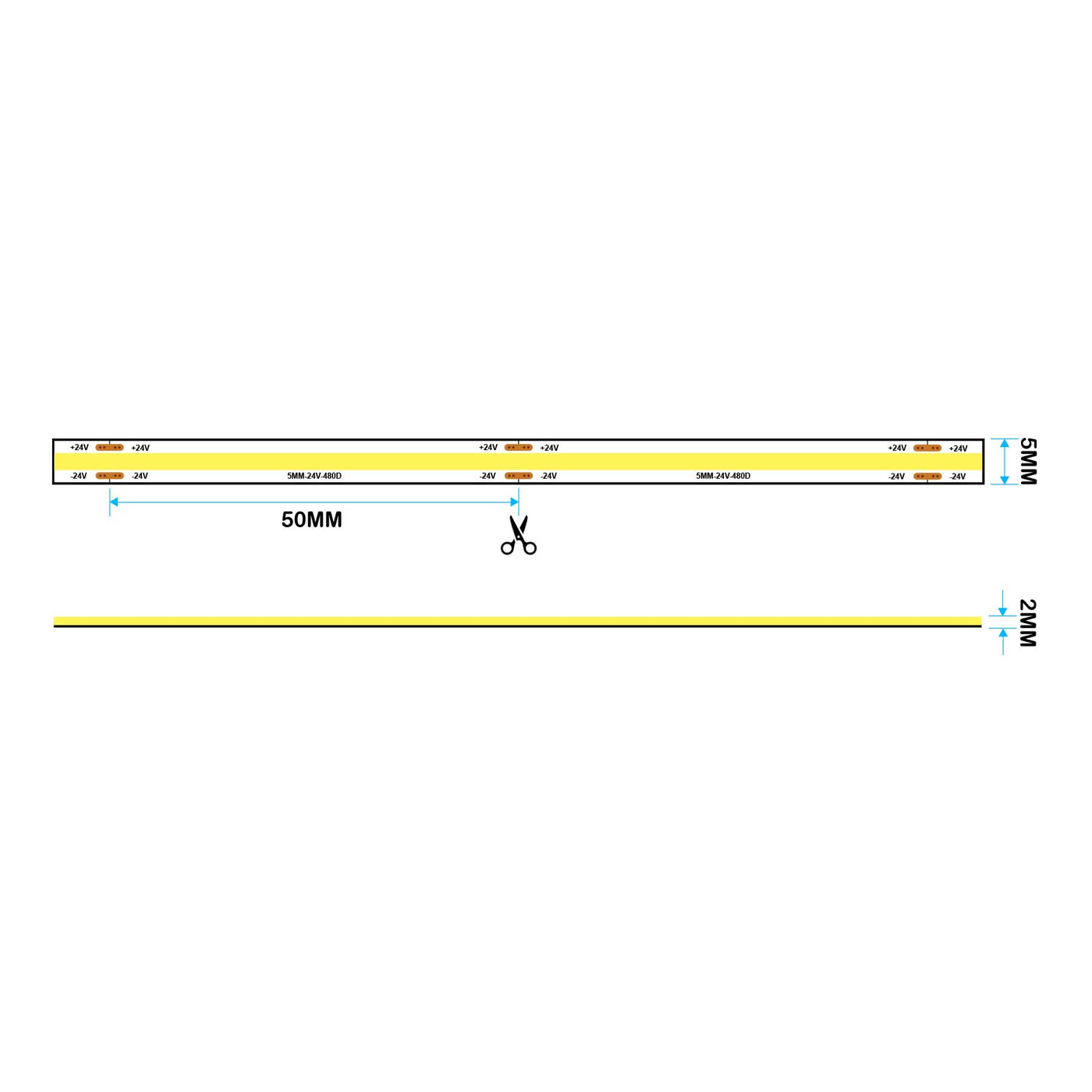 LED COB Strip Light, Seamless, 5M Reel, IP20, 24V, 5mm Wide