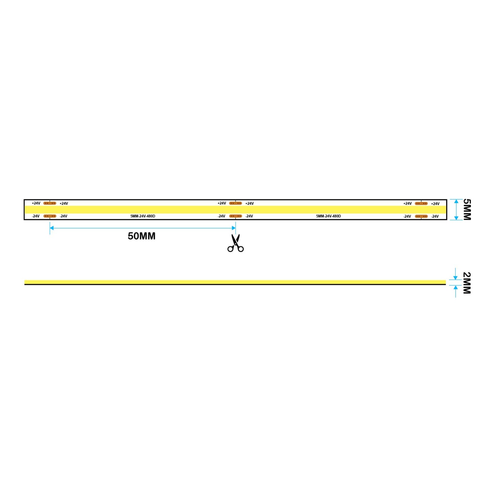 LED COB Strip Light, Seamless, 5M Reel, IP20, 24V, 5mm Wide