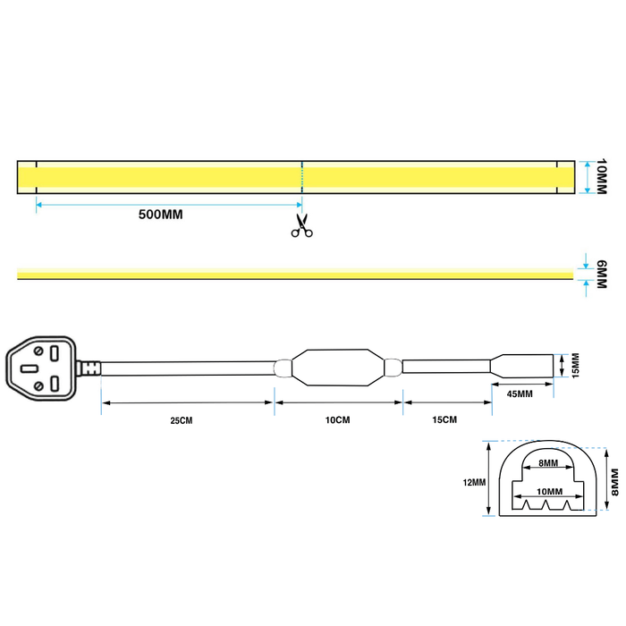 LED COB AC Strip Light, Seamless, IP65, 220V-240V, 10mm Wide, 50cm/Cut